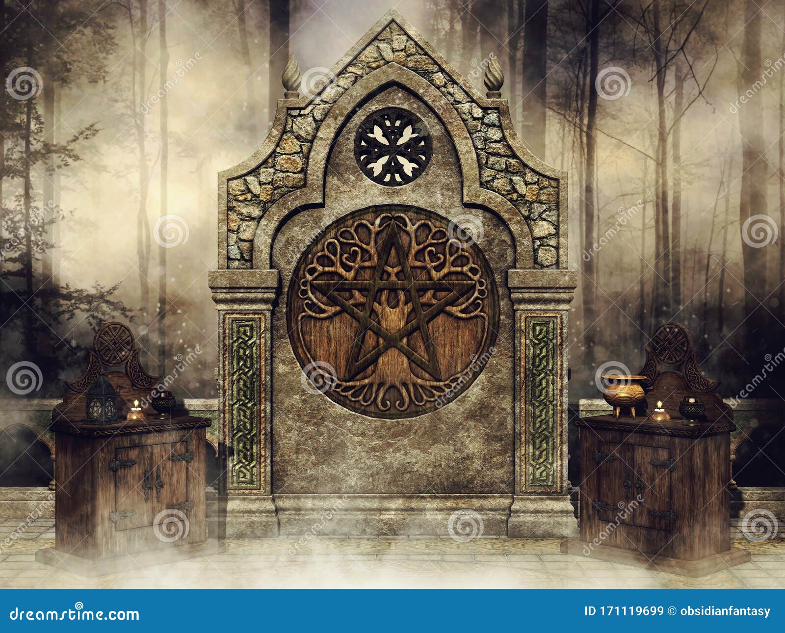 Fantasy Shrine in the Woods Stock Illustration - Illustration of shrine ...