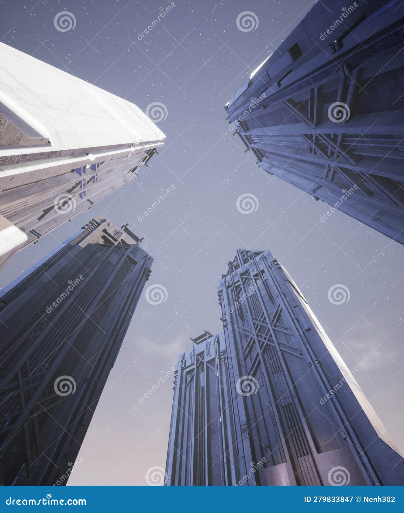 A Fantasy Sky View Background of Rooftops in a Starry Sky. 3D Rendered ...