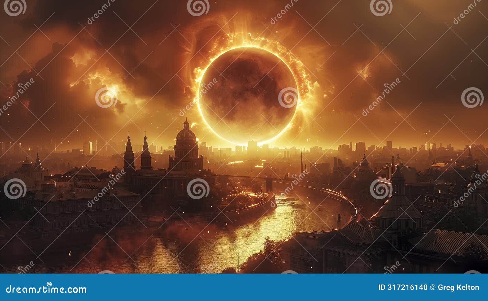 Fantasy Solar Eclipse Over Historic City with River Winding through it ...