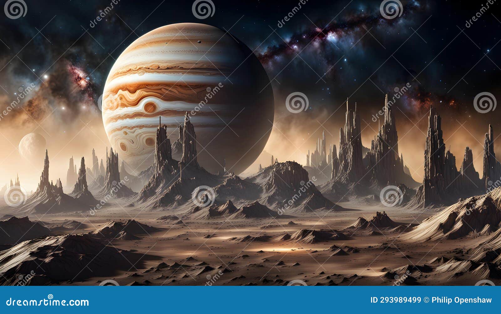 Space Artwork with Jupiter Rising Over the Surface of One of Its Moons ...