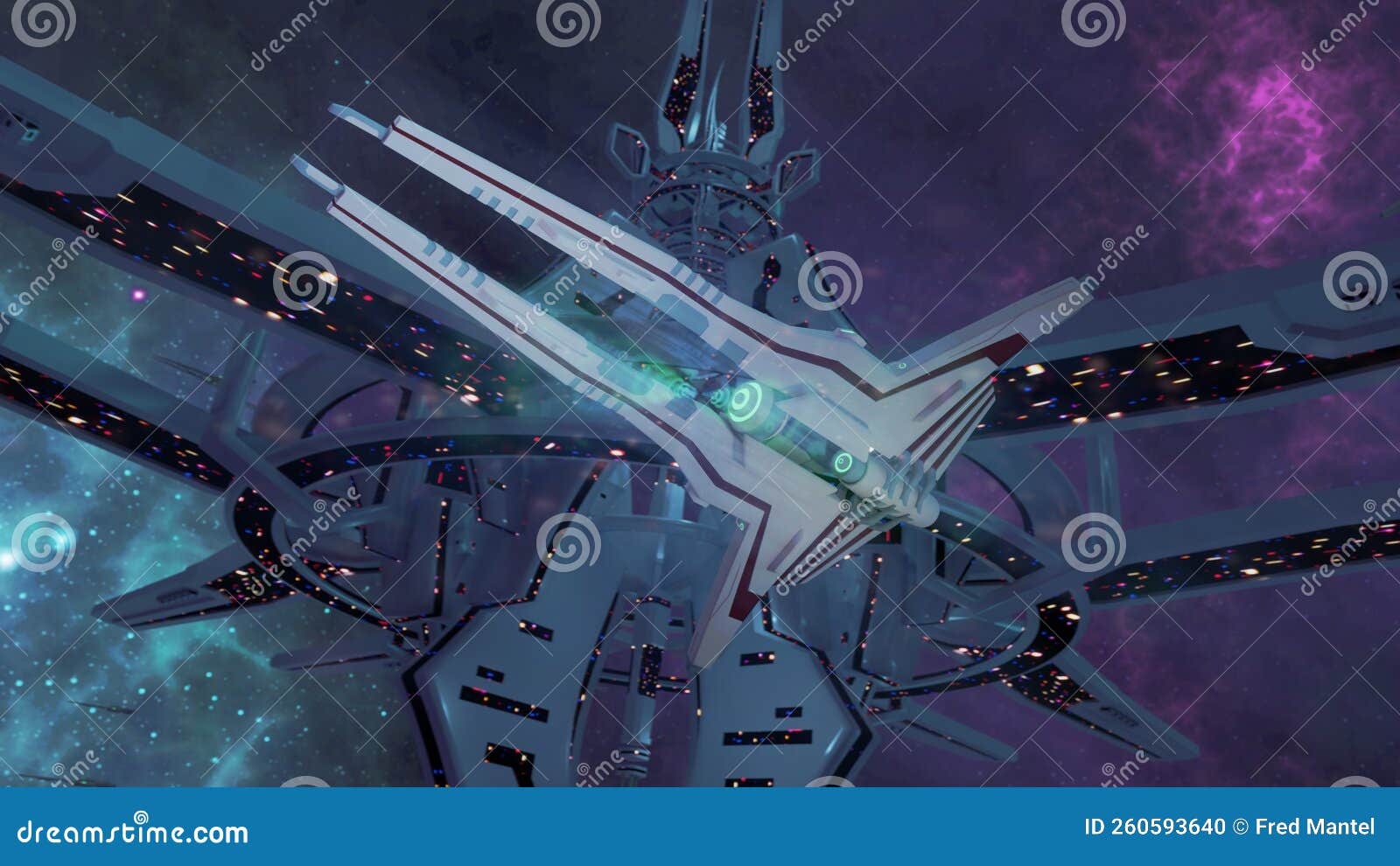Fantasy Space Ship with Space Station and Bright Colors Stock ...