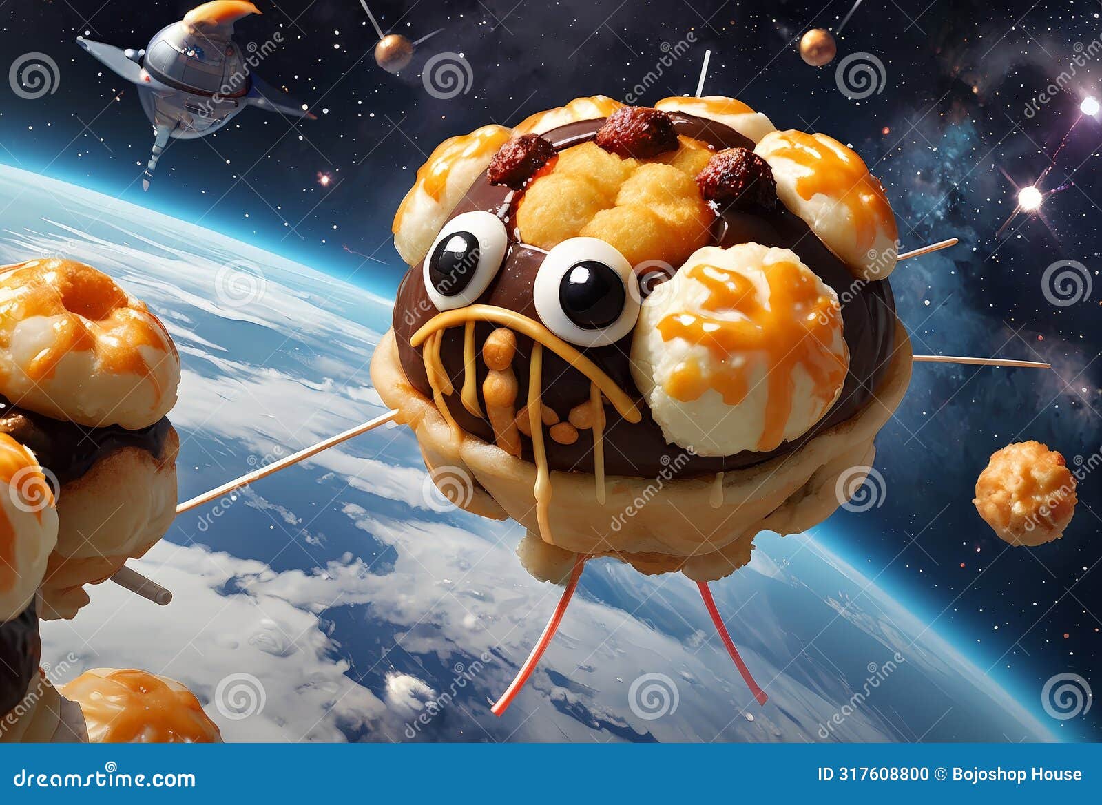 Fantasy Spaceship in a Form of Takoyaki, Flying through the Space Stock ...