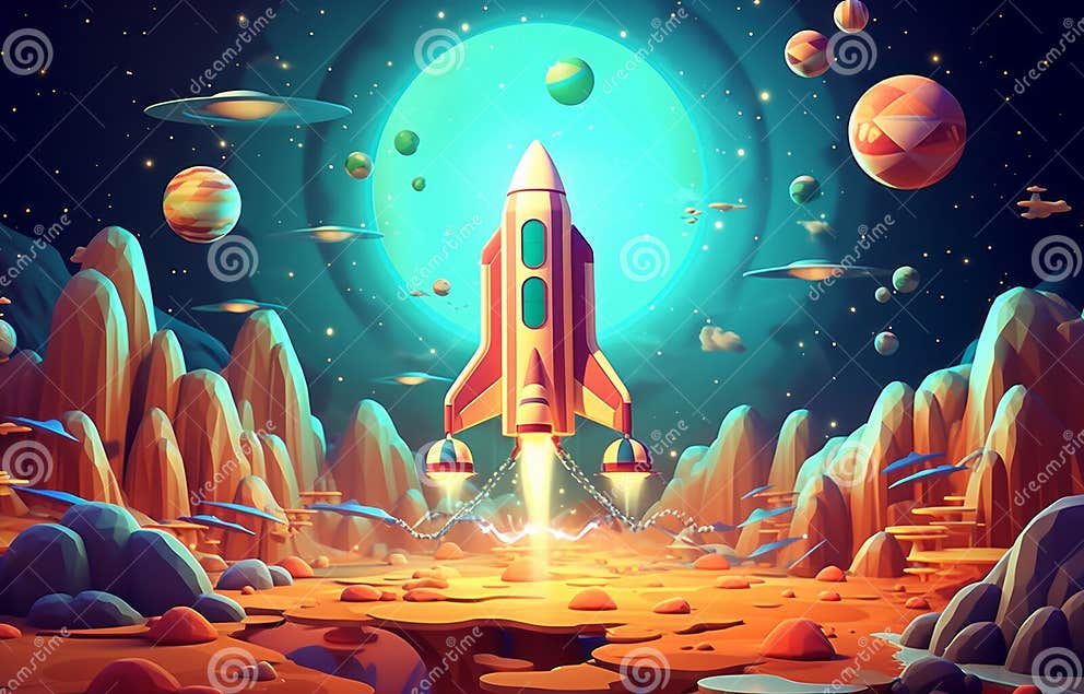 Fantasy Spaceship Rocket Flies In Space To Unexplored Stars And