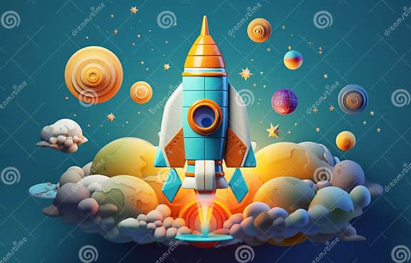 Fantasy Spaceship Rocket Flies In Space To Unexplored Stars And