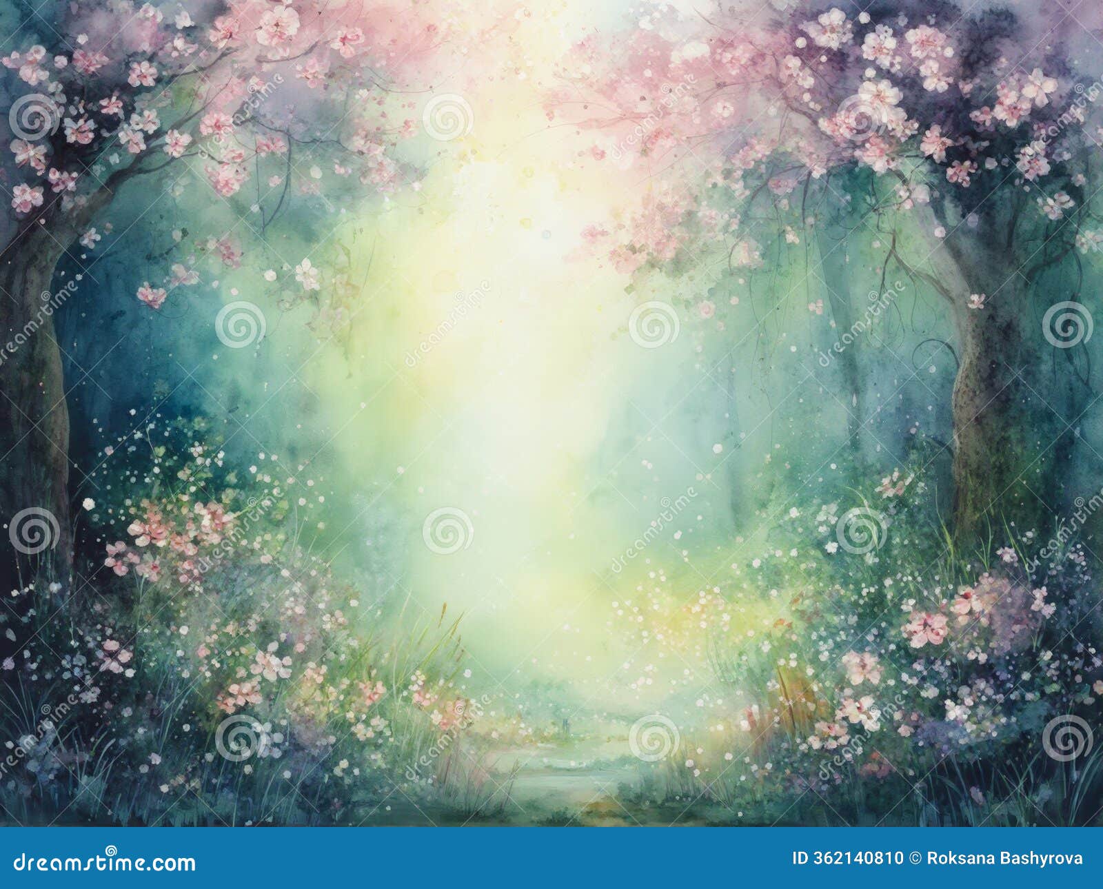 Fantasy Spring Landscape with Flowering Trees and Blossoms, Pastel ...