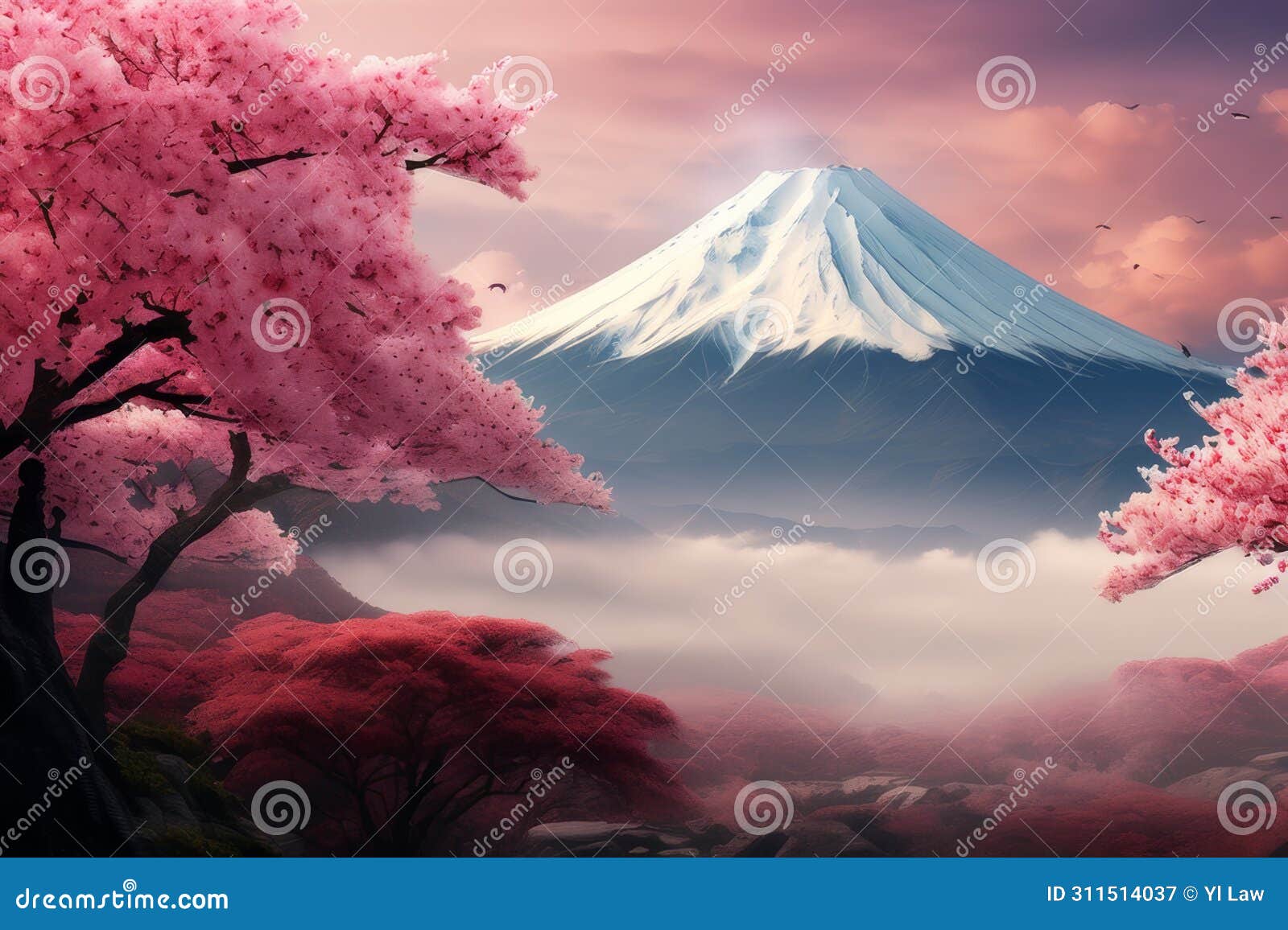 A Fantasy Spring Nature Landscape and Cherry Blossom Tre Stock ...