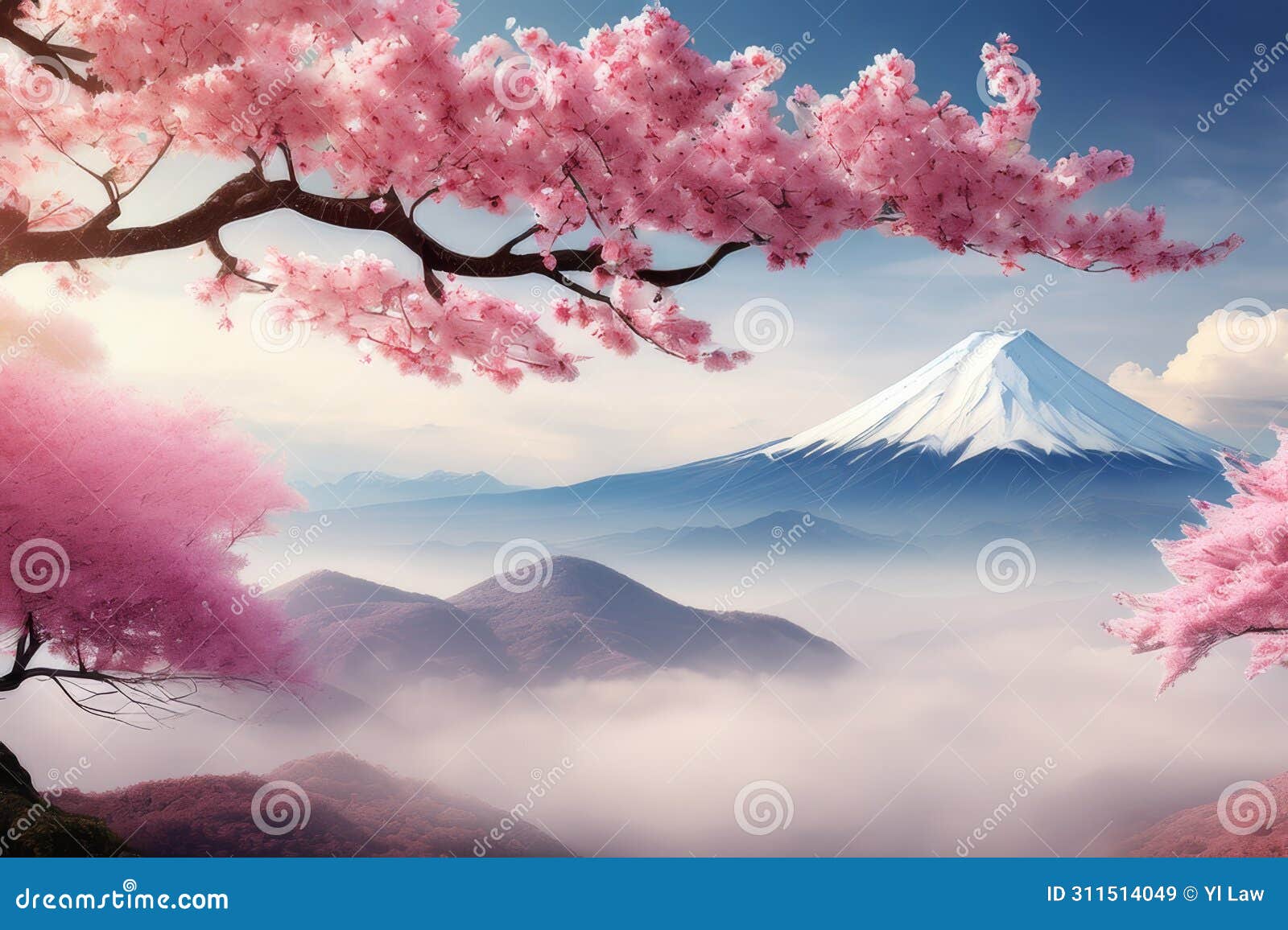A Fantasy Spring Nature Landscape and Cherry Blossom Tre Stock ...