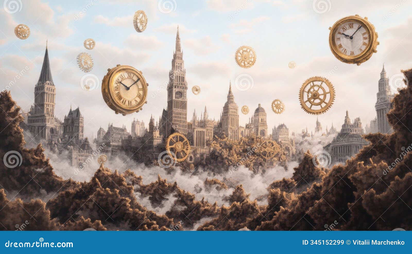 Fantasy Steampunk Cityscape with Floating Clocks and Gears Amidst ...