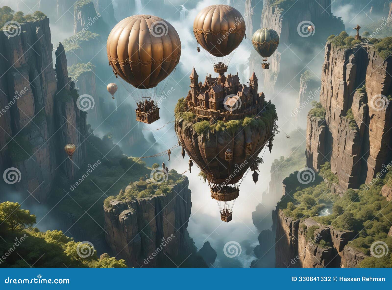 Fantasy Steampunk Floating Island Balloon Stock Illustration ...
