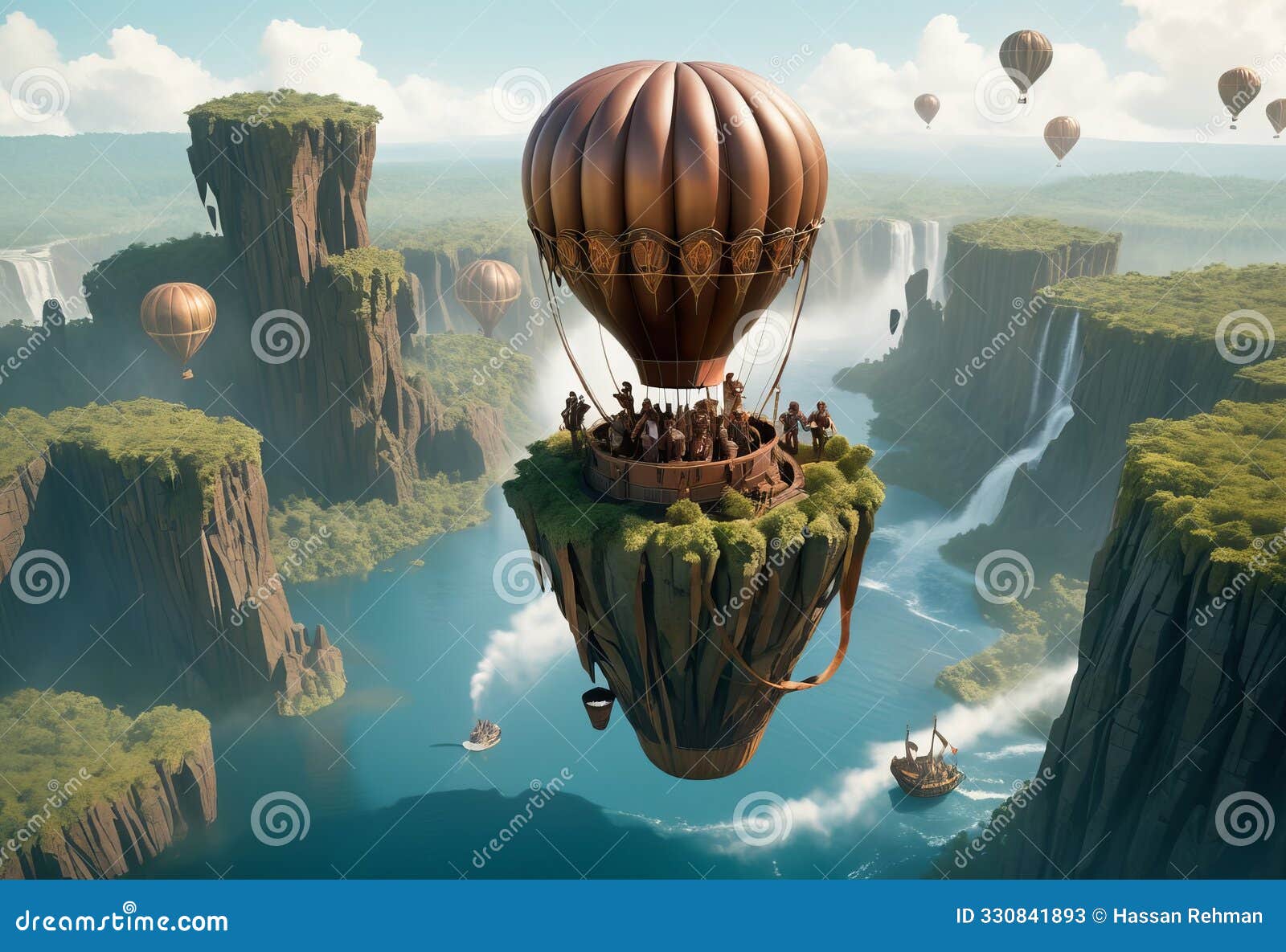 Fantasy Steampunk Floating Island Balloon Stock Illustration ...