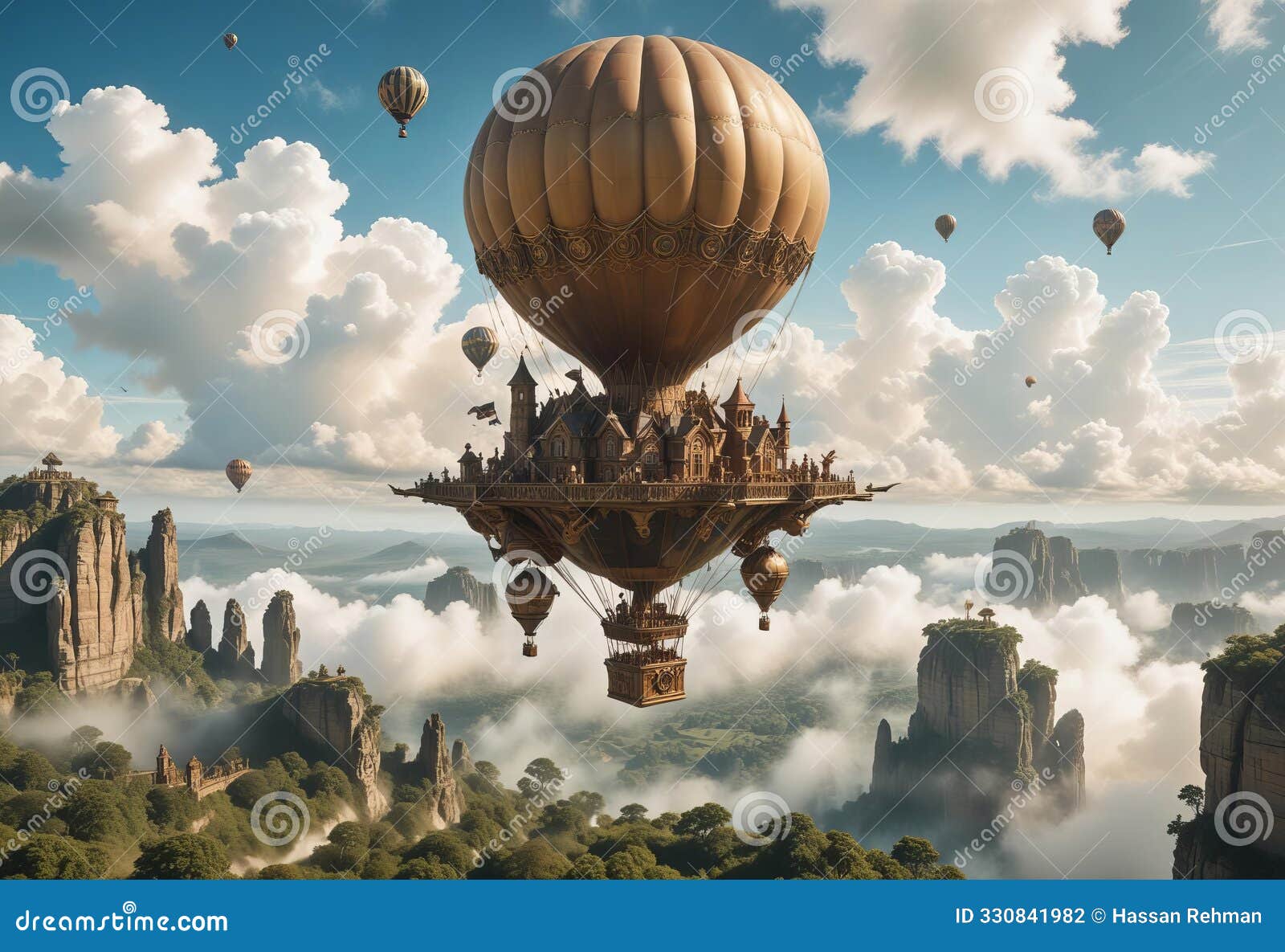 Fantasy Steampunk Floating Island Balloon Stock Illustration ...