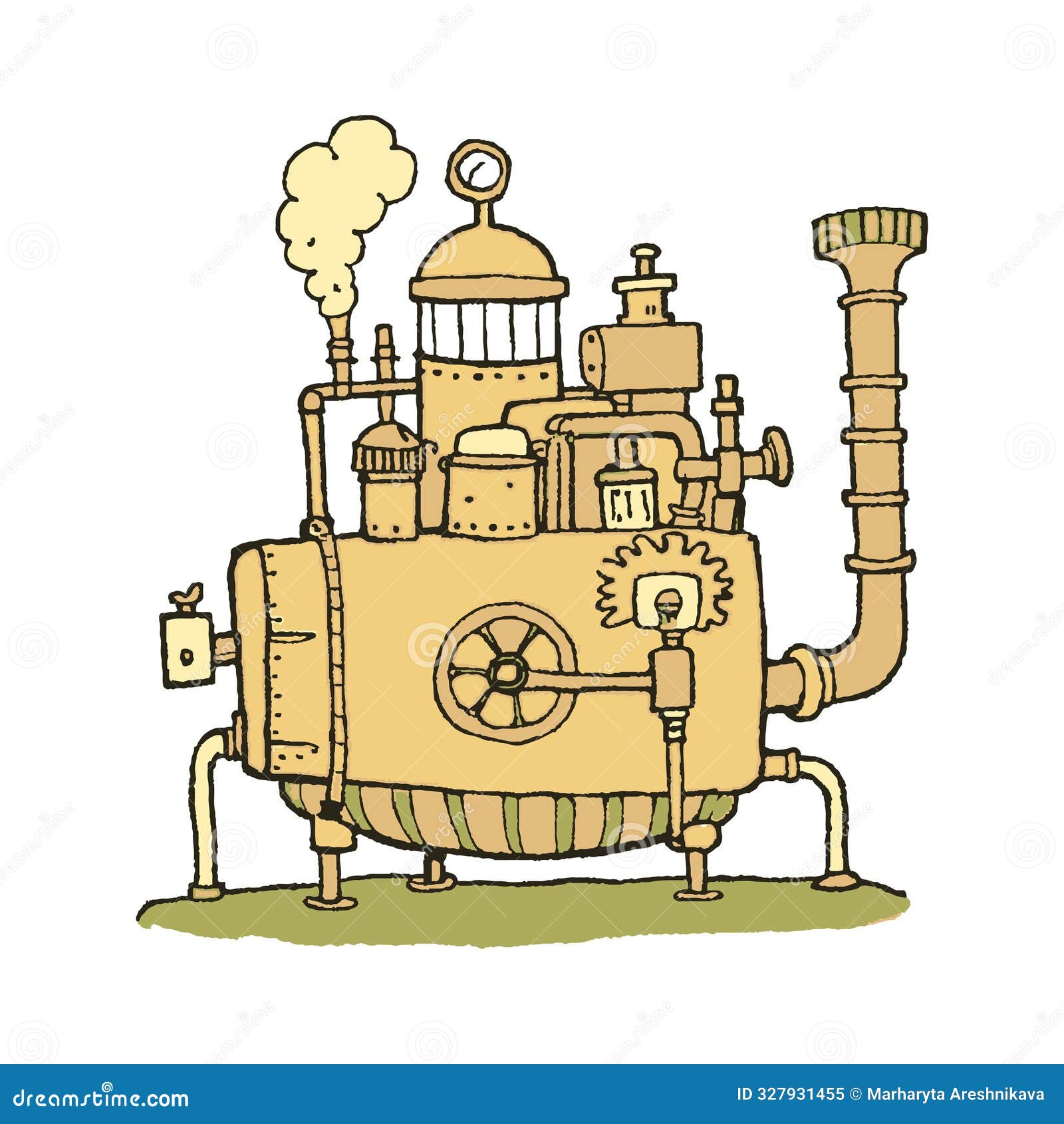 Fantasy Steampunk Machine with Pipes, Hand Drawn Bold Sketch Style ...