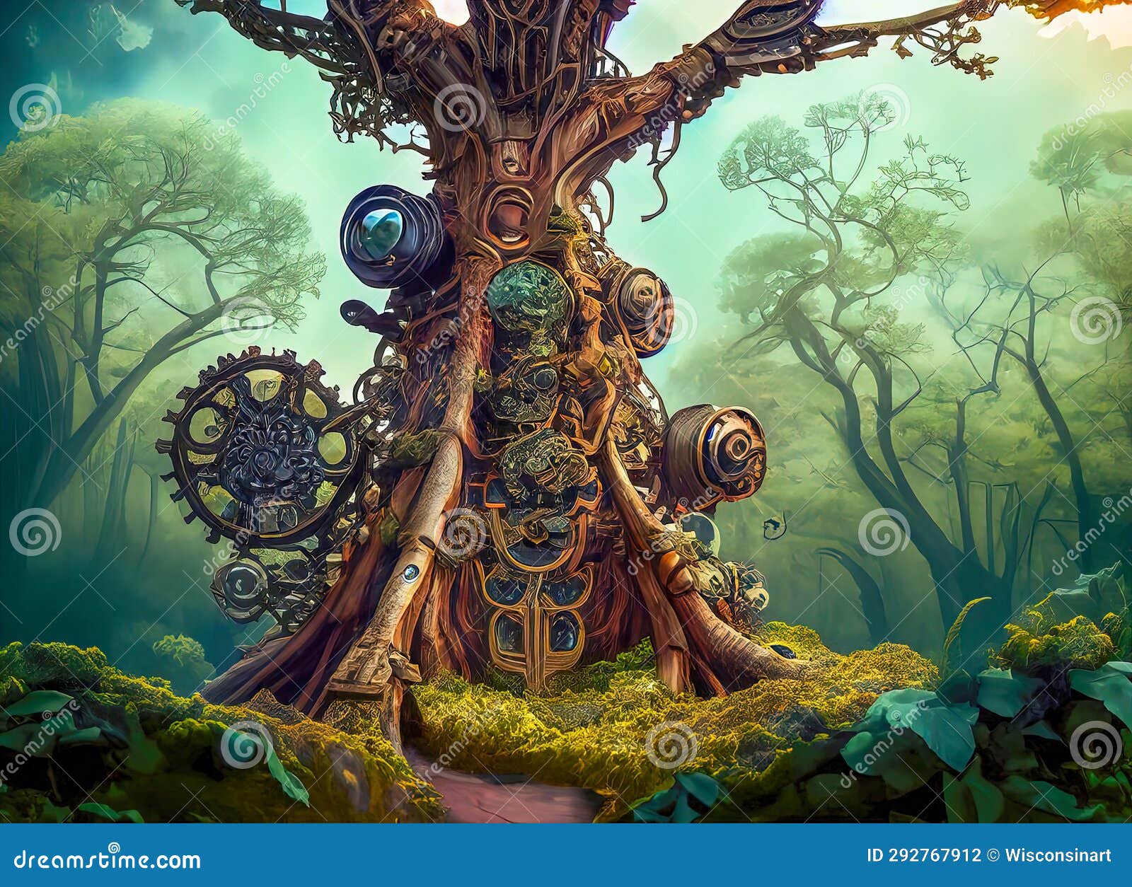 Fantasy Steampunk Tree, Woods, Forest Stock Illustration - Illustration ...