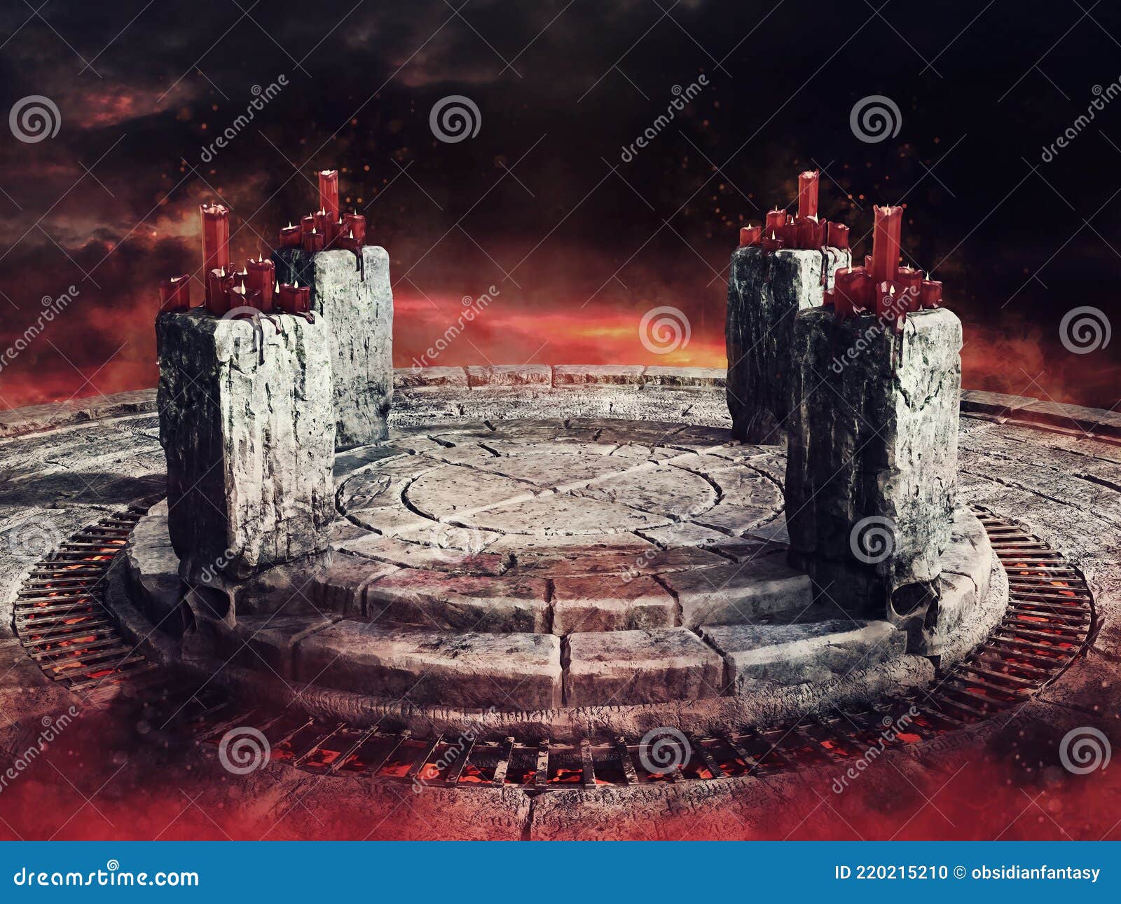 Fantasy Stone Circle with Red Candles Stock Illustration - Illustration ...
