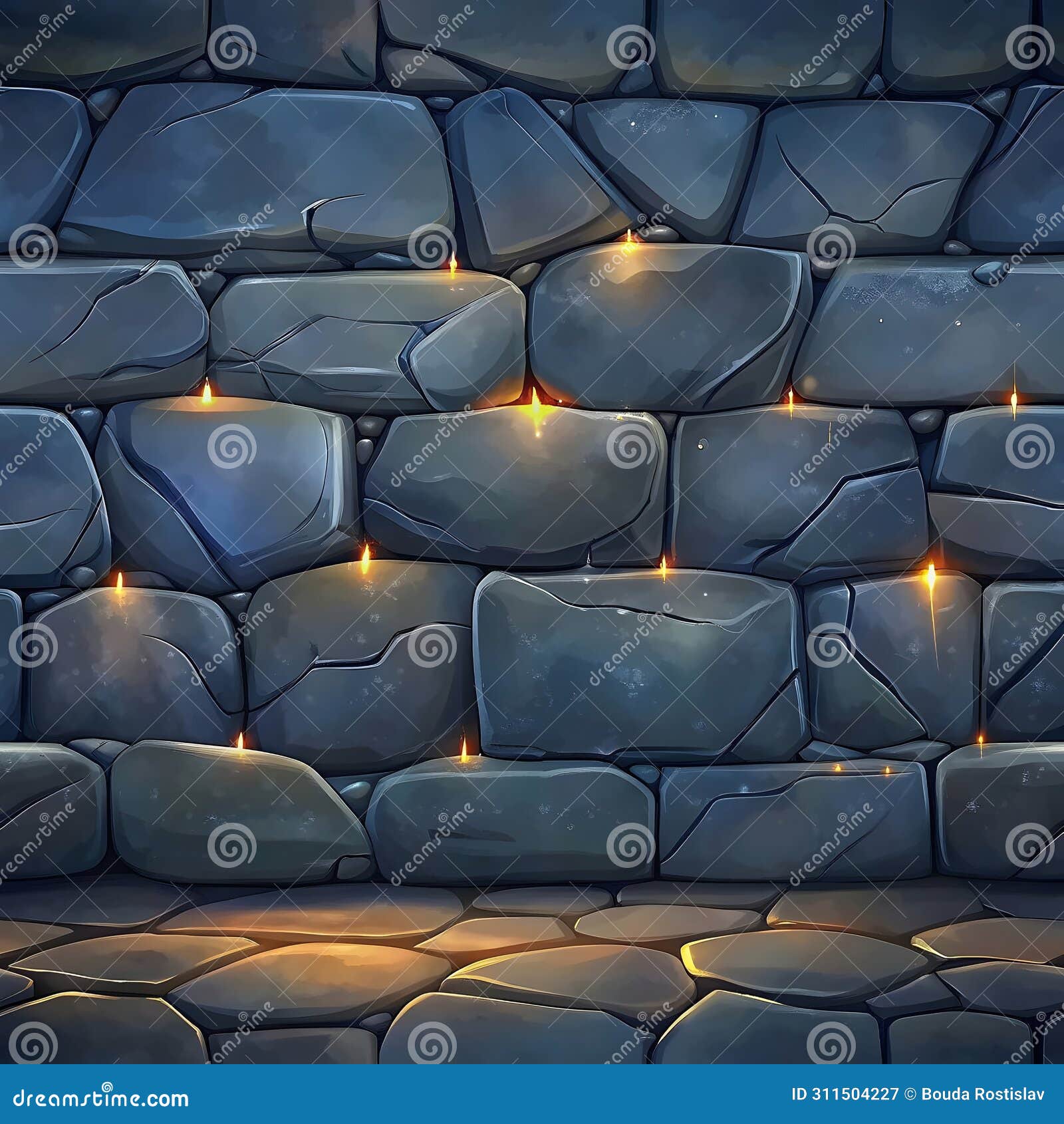 Fantasy Stone Wall with Magical Glowing Points Stock Illustration ...