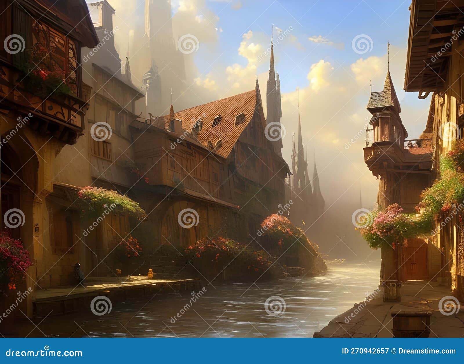 Fantasy Storybook Type Illustration Of A Medieval Town With Ancient ...