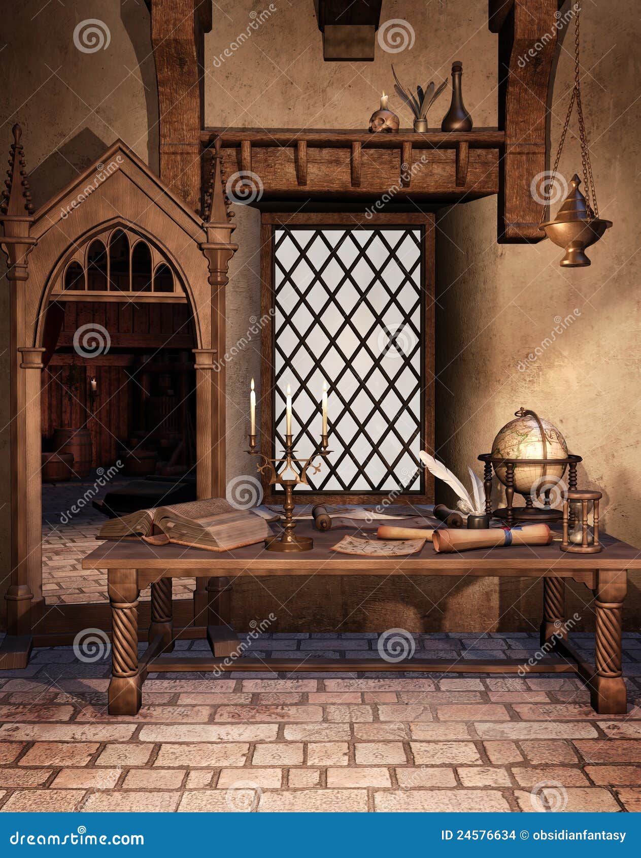 Fantasy study room stock illustration. Illustration of skull - 24576634