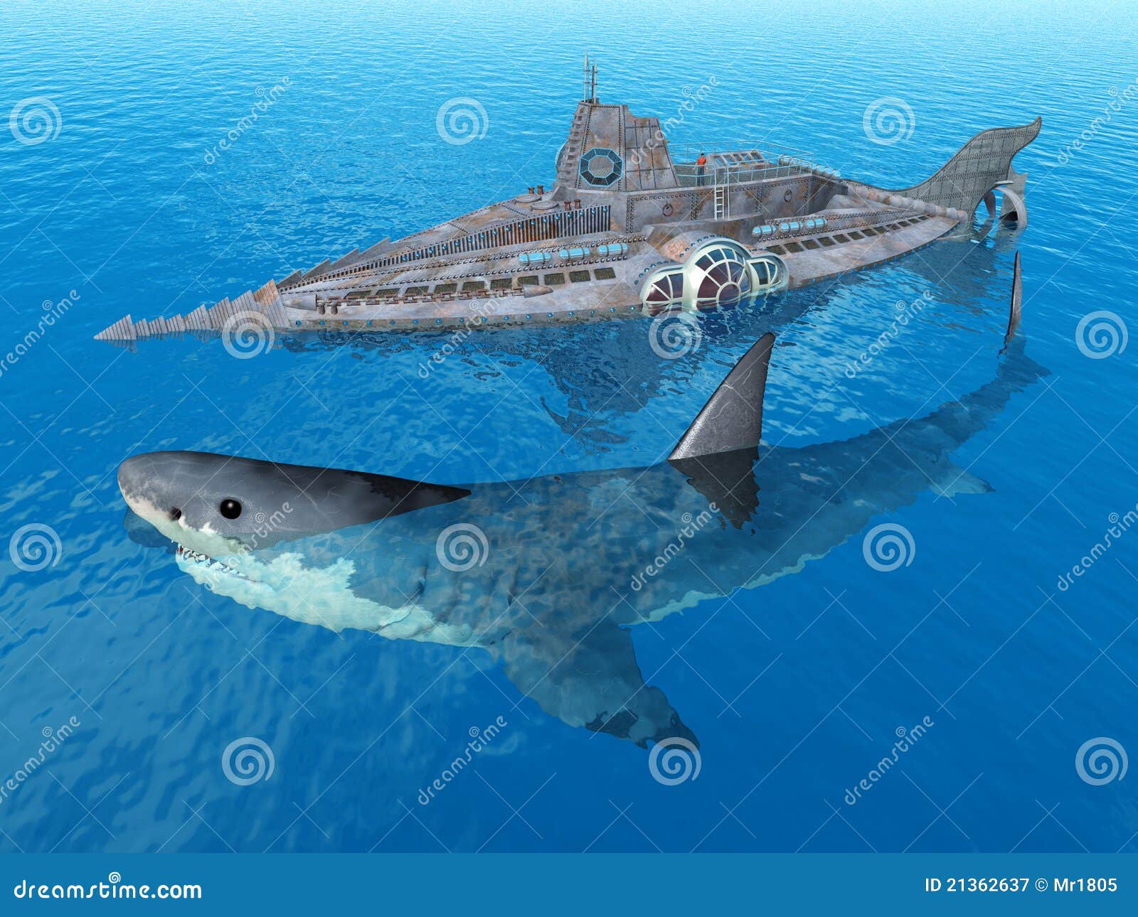Fantasy Submarine with Giant Shark Stock Illustration - Illustration of ...