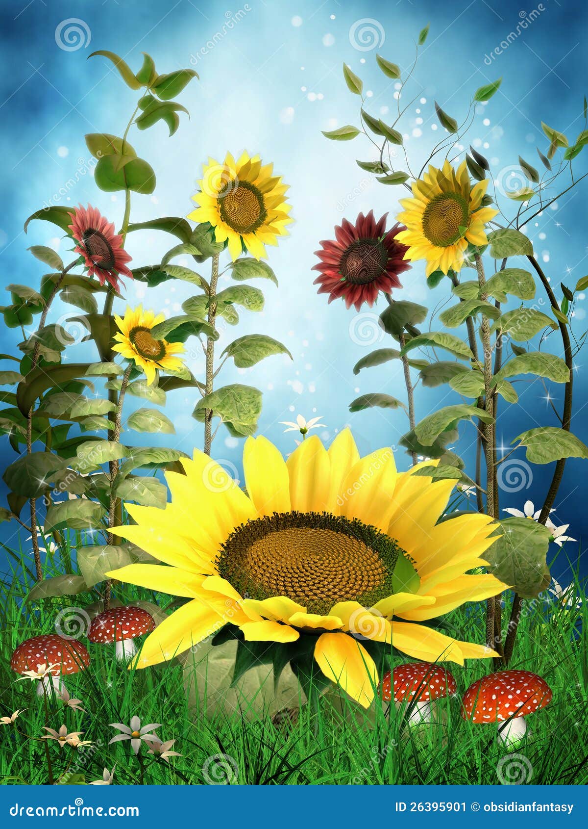 Fantasy sunflowers stock illustration. Illustration of sparkle - 26395901