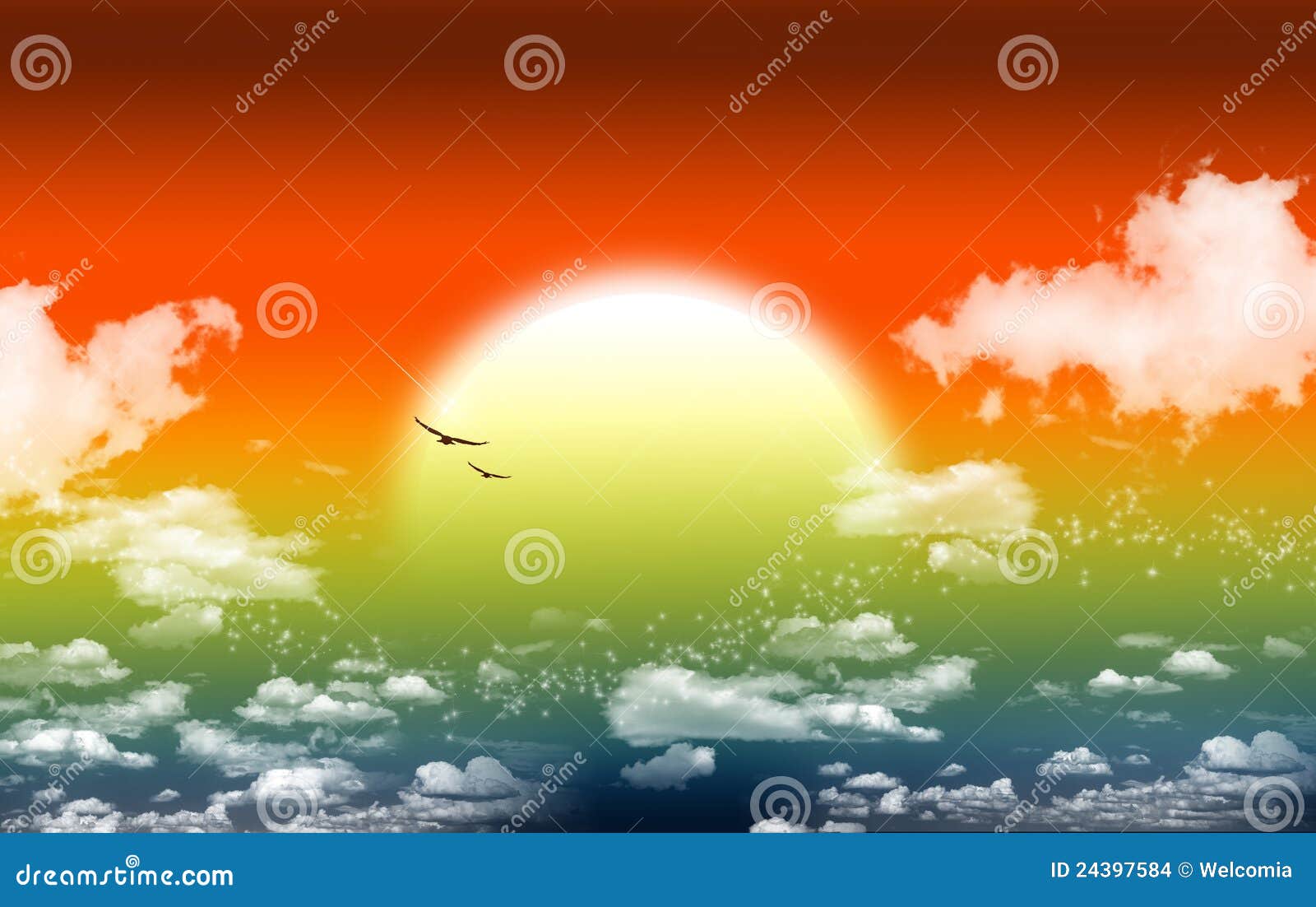 Fantasy Sunset Floating Islands With Cascading Waterfalls And Birds ...