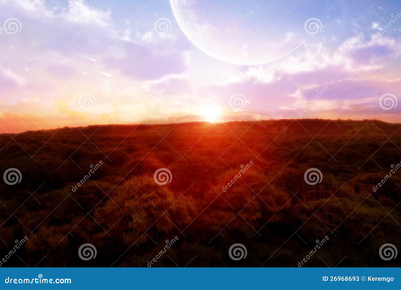 Fantasy Sunset Floating Islands With Cascading Waterfalls And Birds ...