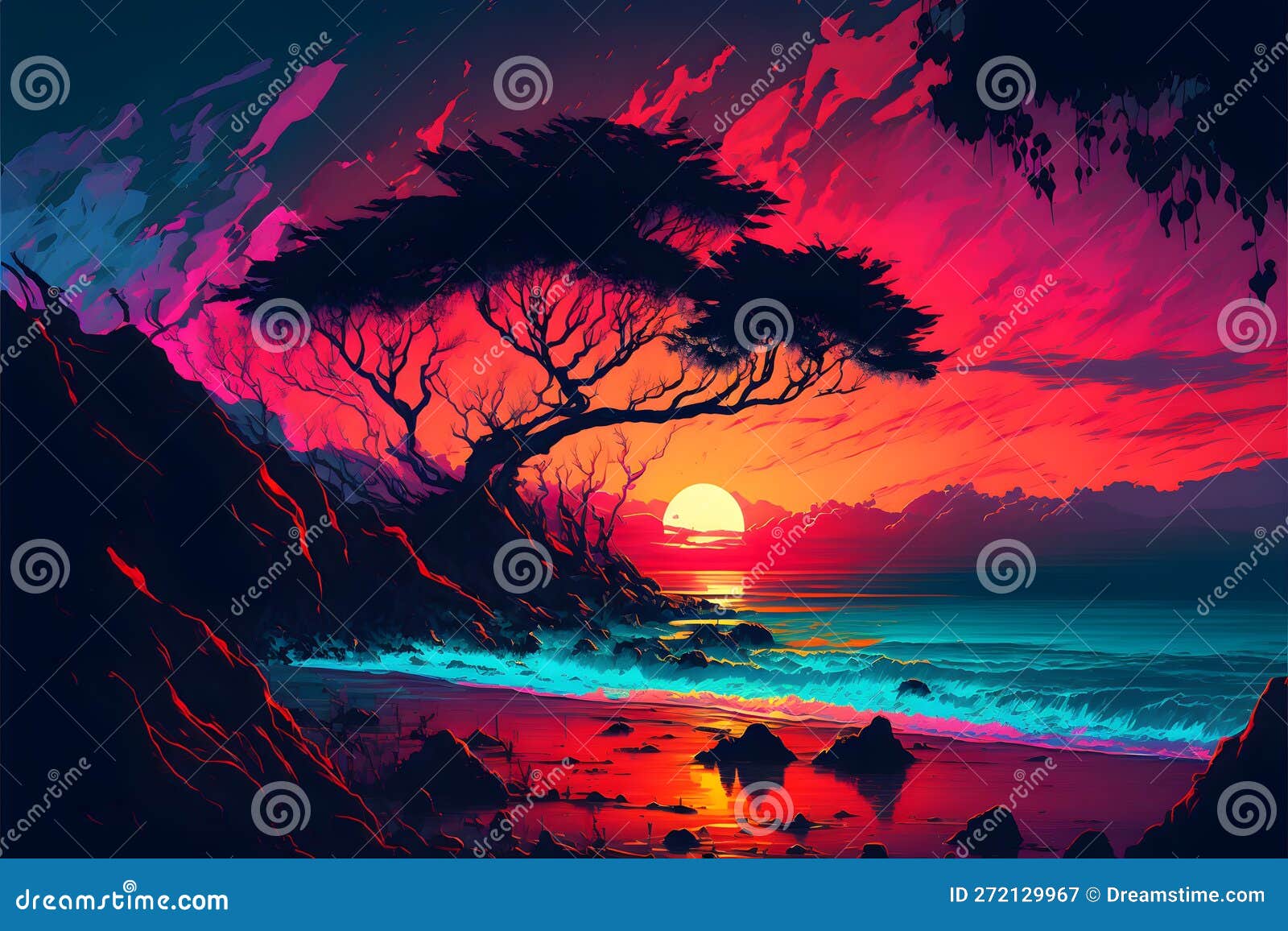 Fantasy Sunset in Mountains Stock Illustration - Illustration of peak ...