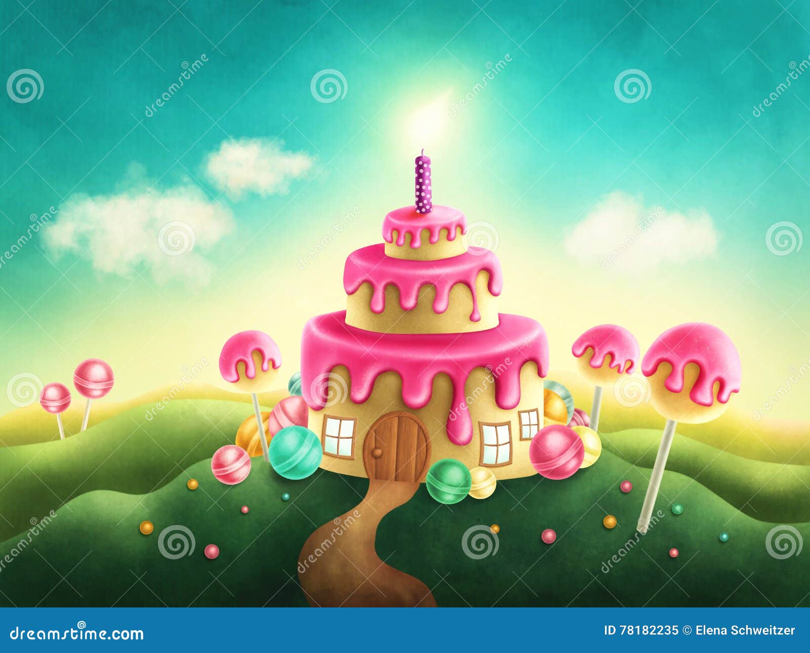 Fantasy Sweet Land with Birthday Cake Stock Illustration - Illustration ...