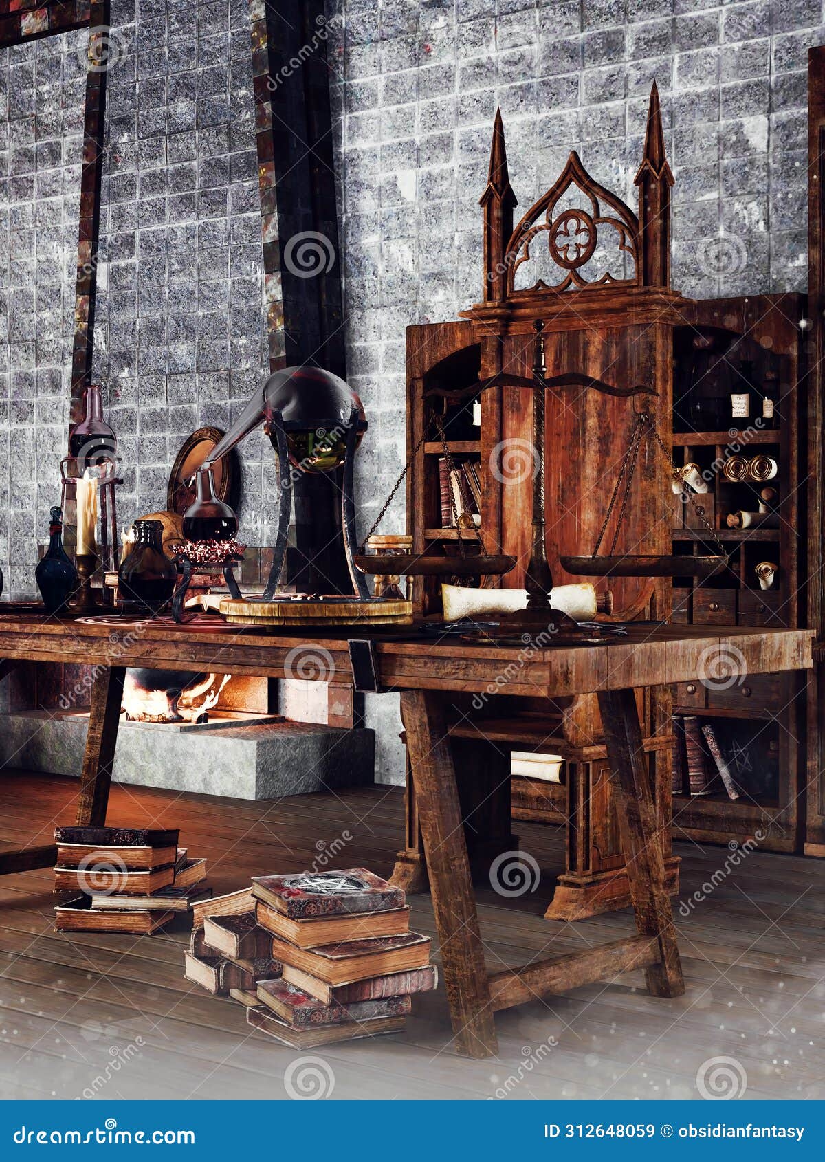 Fantasy Table and Chair in a Wizard S Study Stock Illustration ...
