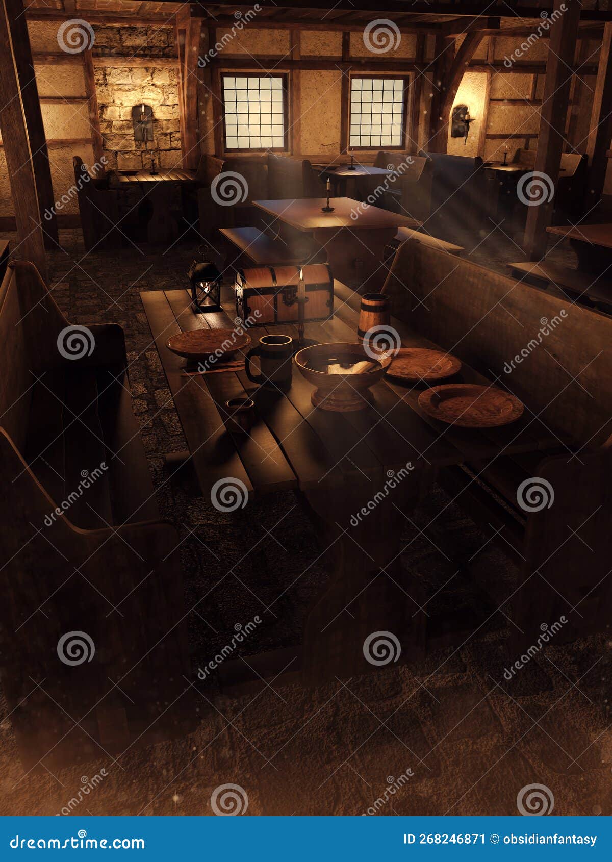 Fantasy Tavern with a Wooden Table Stock Illustration - Illustration of ...