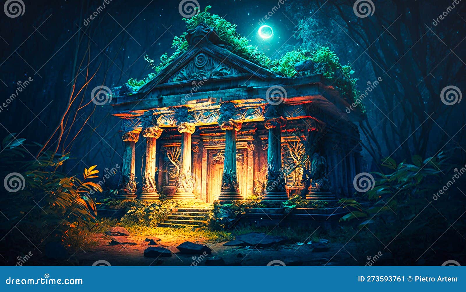 Fantasy Temple In Tropical Forest At Night Old Bui, Generative AI Stock ...