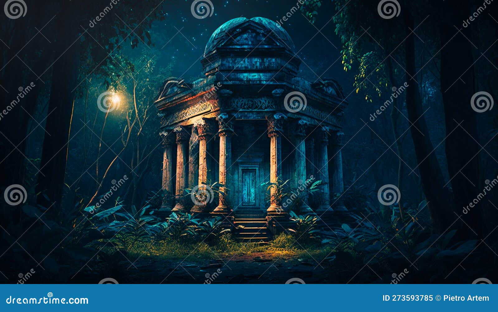 Fantasy Temple In Tropical Forest At Night Old Bui, Generative AI Stock ...