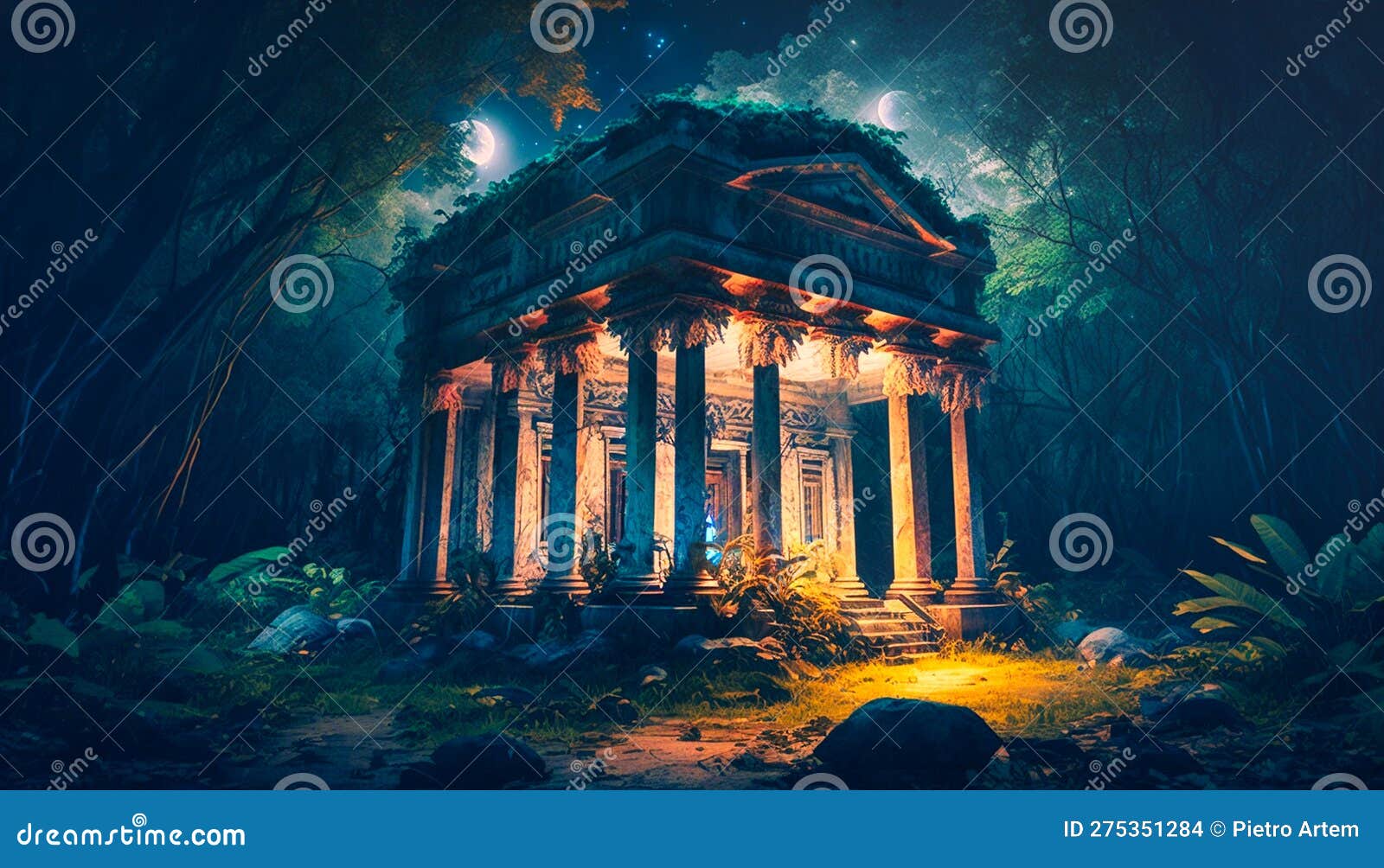 Fantasy Temple In Tropical Forest At Night Old Bui, Generative AI ...