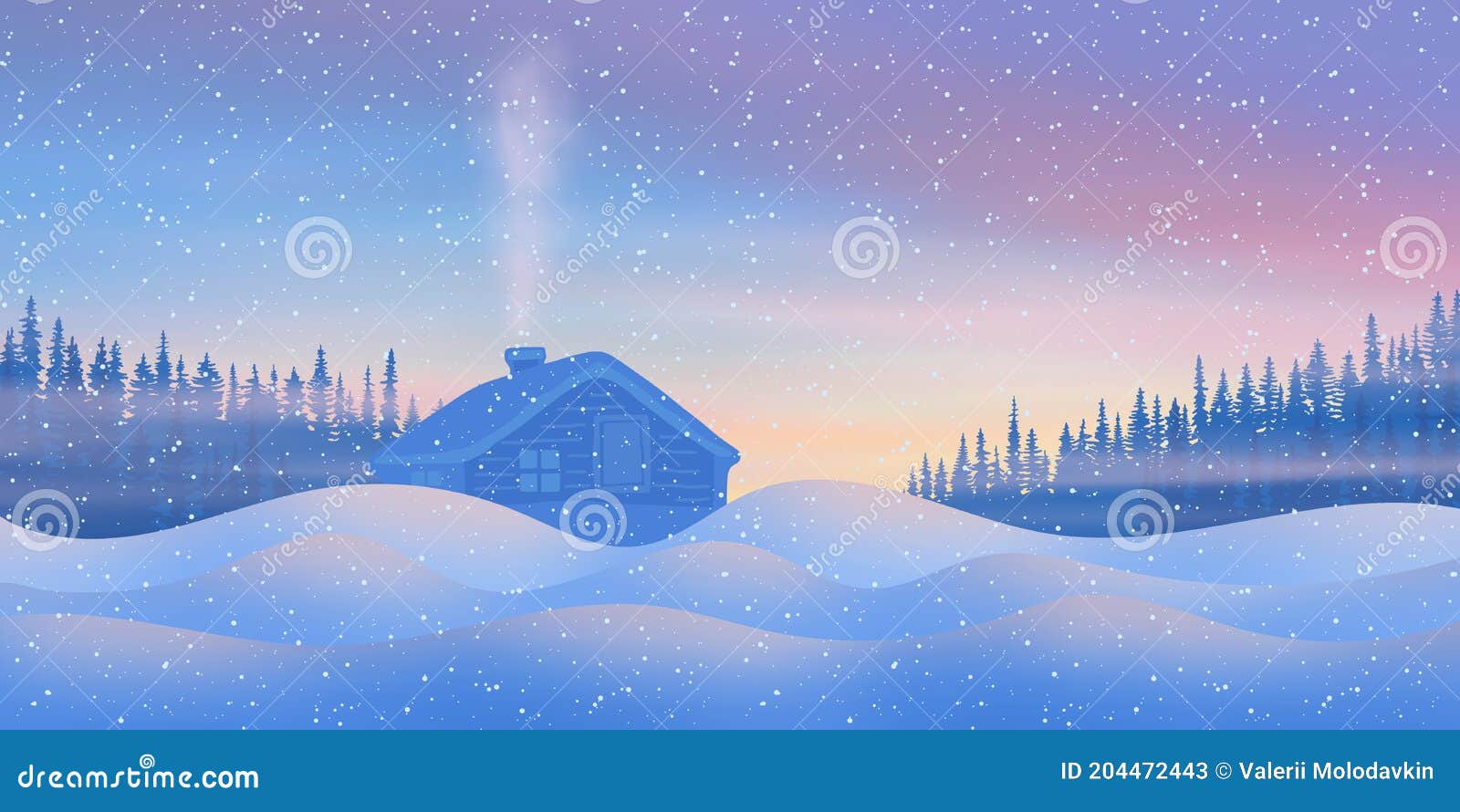 Fantasy on the Theme of the Winter Landscape. Sunset Light, Small Hut ...
