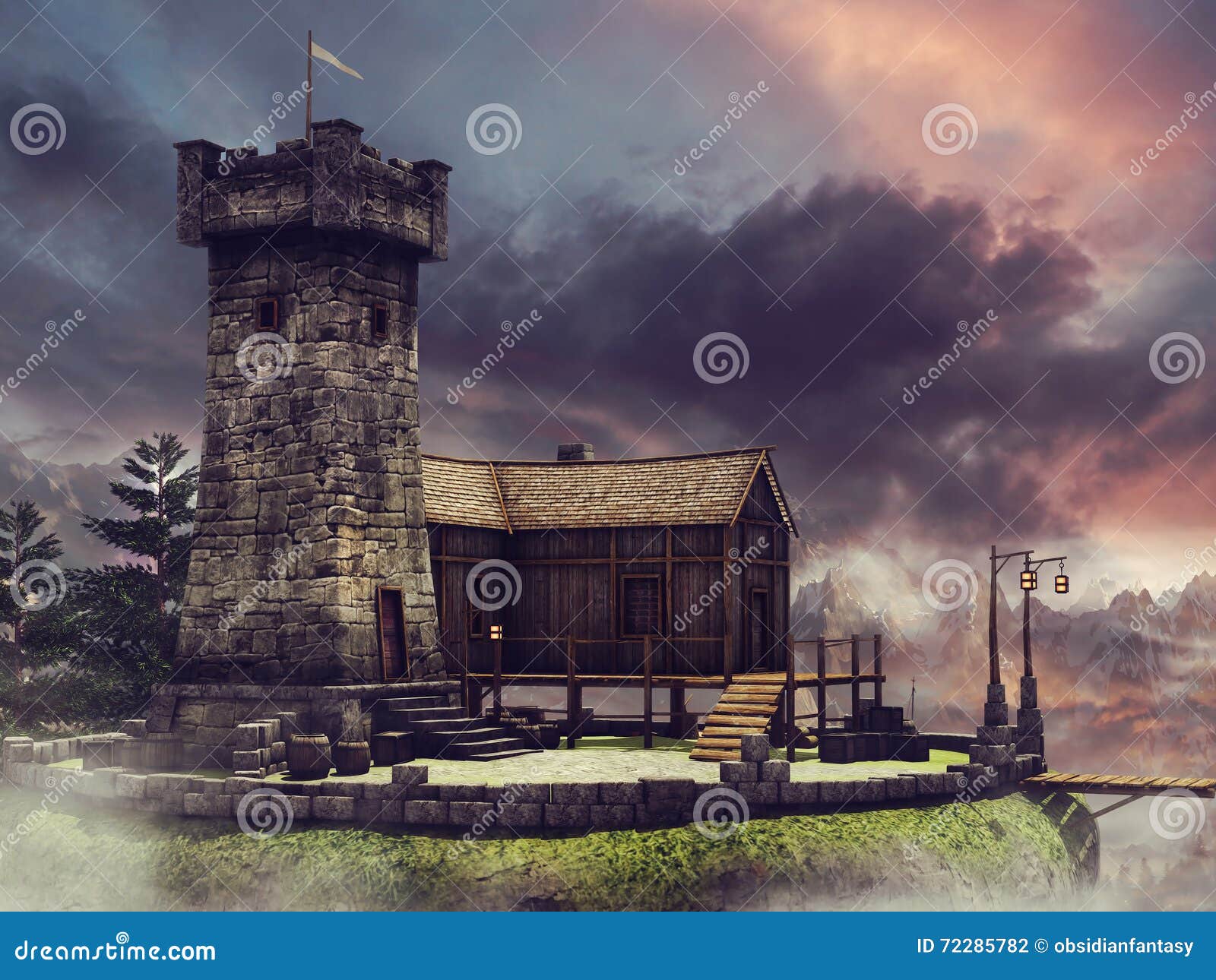 Fantasy tower and bridge stock illustration. Illustration of background ...