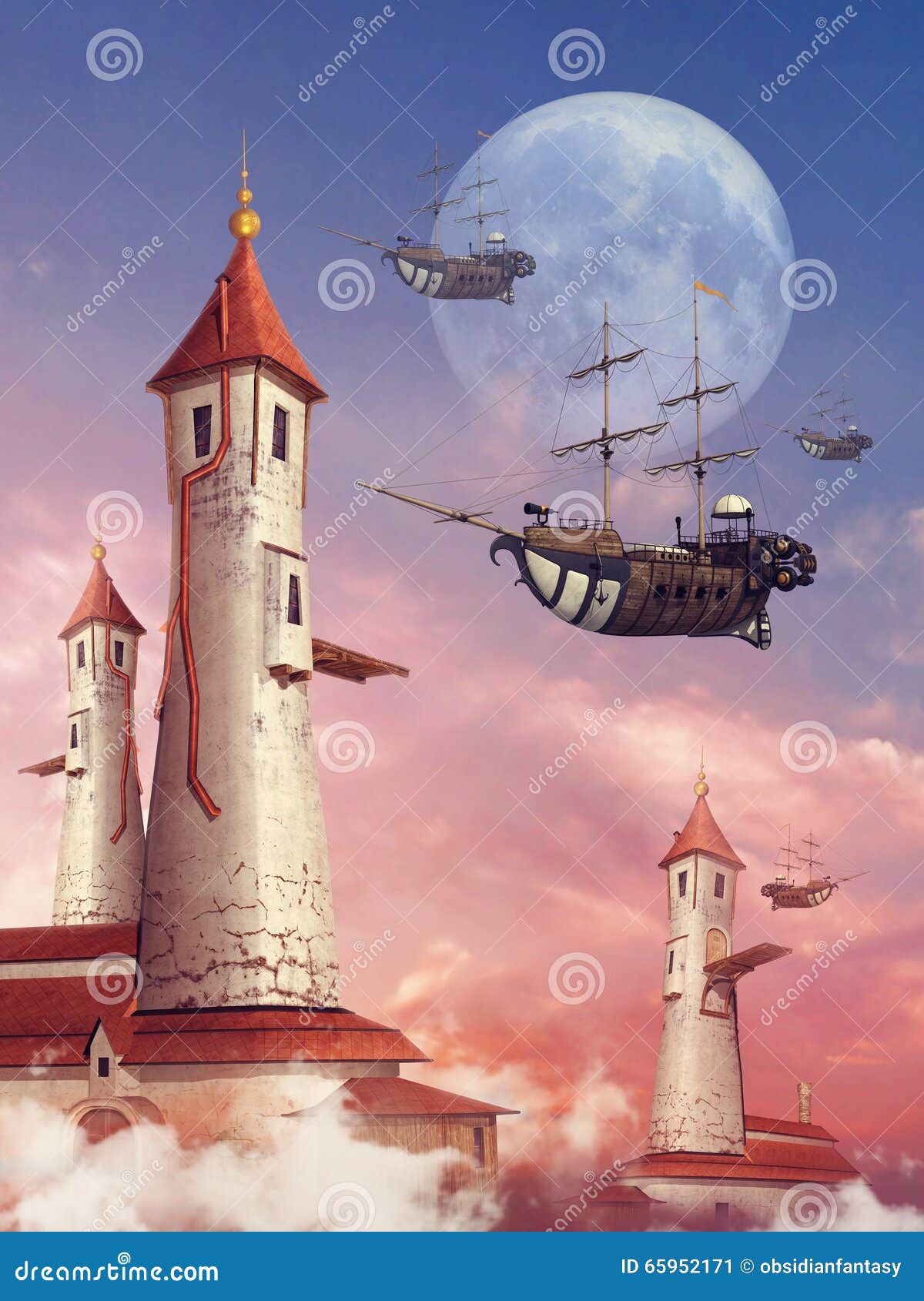Fantasy Towers and Flying Ships Stock Illustration - Illustration of ...