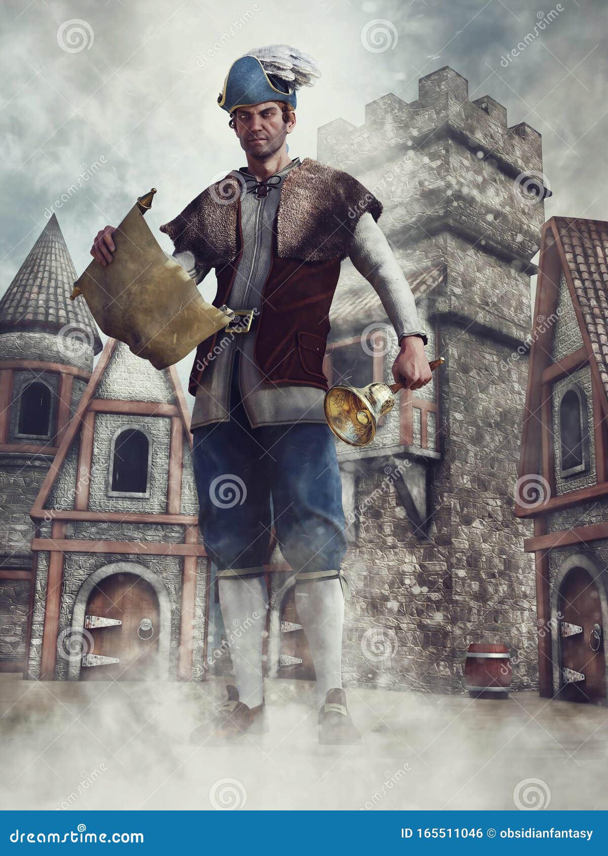 Fantasy Town Crier with a Scroll and Bell Stock Illustration ...