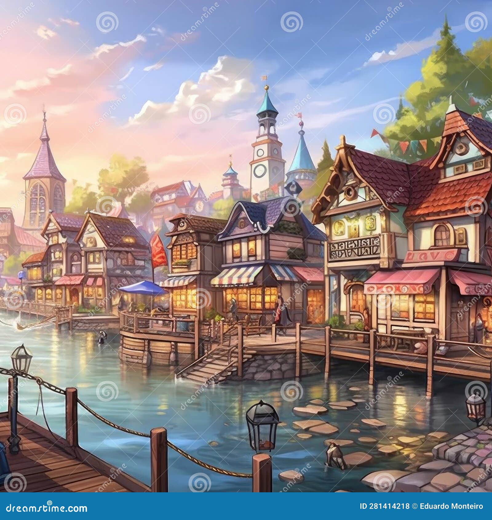 Fantasy Town on the Water at Sunset Stock Illustration - Illustration ...