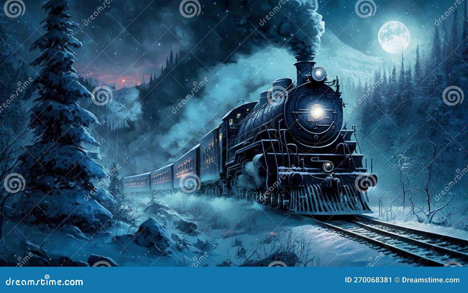 Fantasy Train Across a Winter Wilderness in the Full Moon Night ...