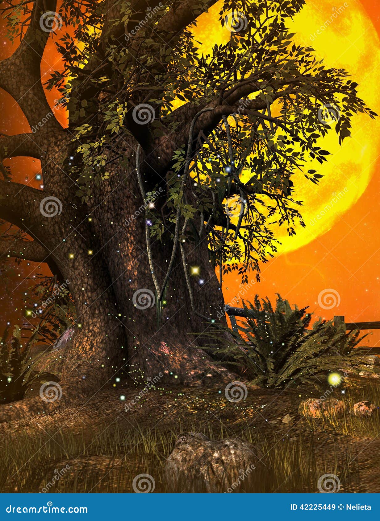 Fantasy Tree In The Forest, Spring Flowers And Green Grass, Fairytale ...