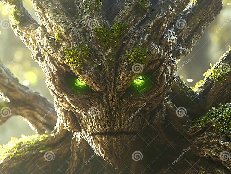 Fantasy Tree Creature with Glowing Eyes in a Mystical Forest Stock Illustration - Illustration ...