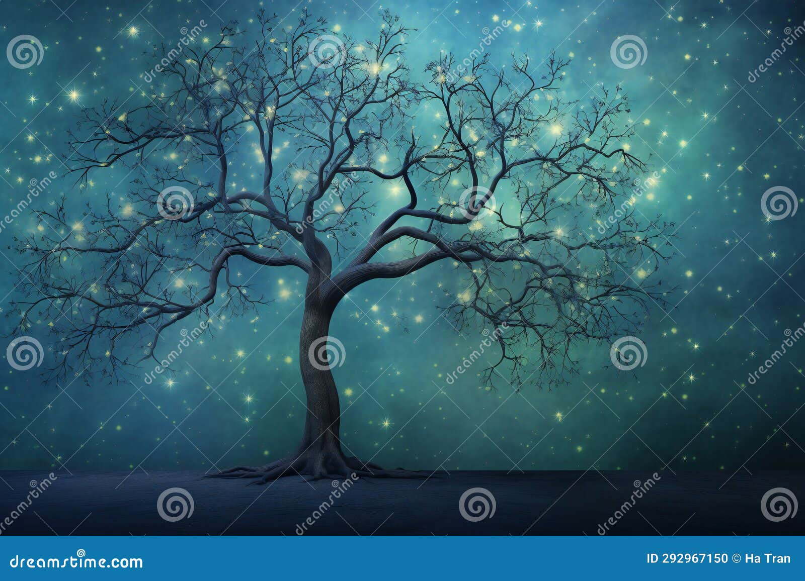 Fantasy Tree in a Dark Forest with Stars, Stock Illustration ...