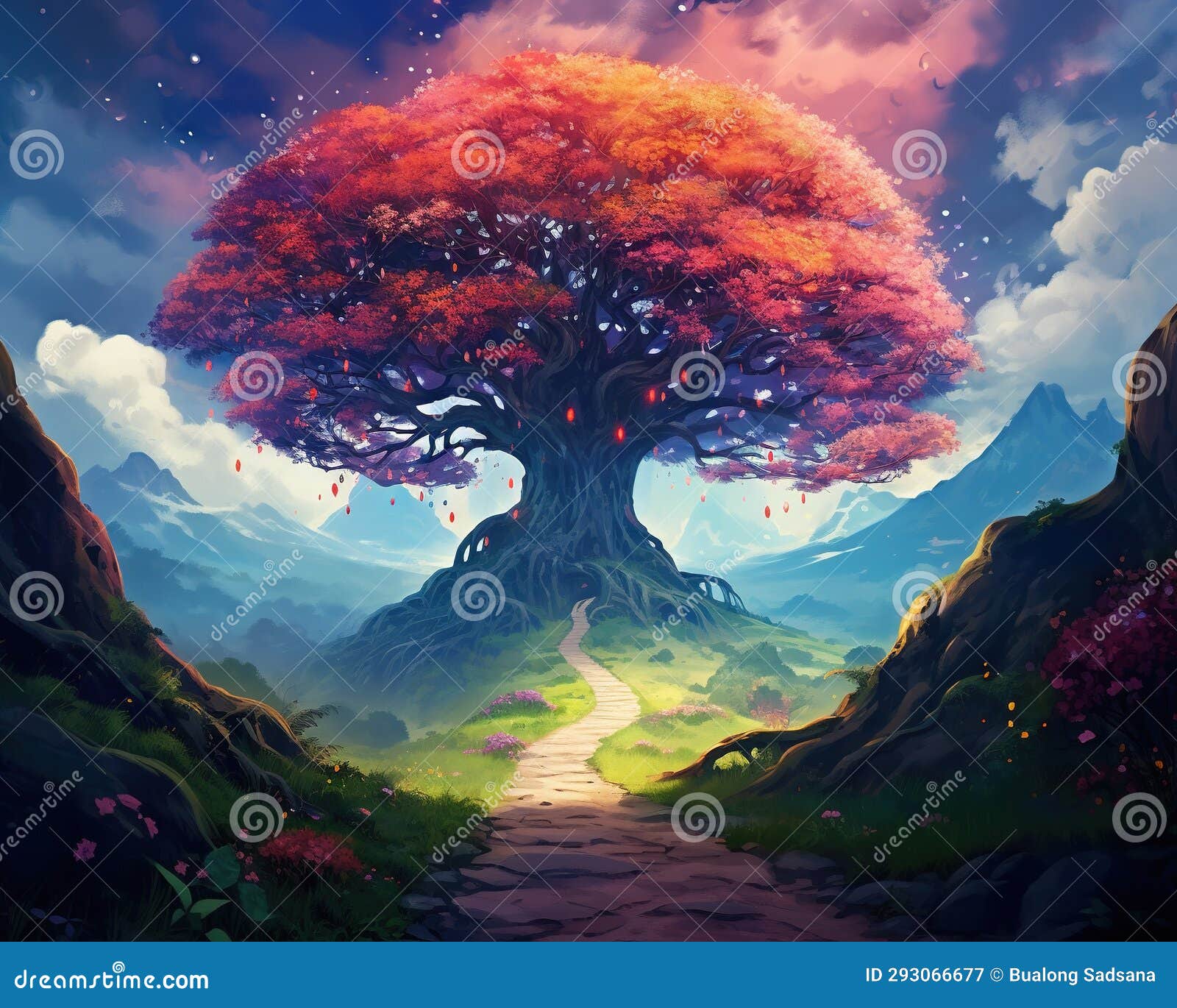 Fantasy Tree with Gardens and Path As a Digital Digital. Stock ...