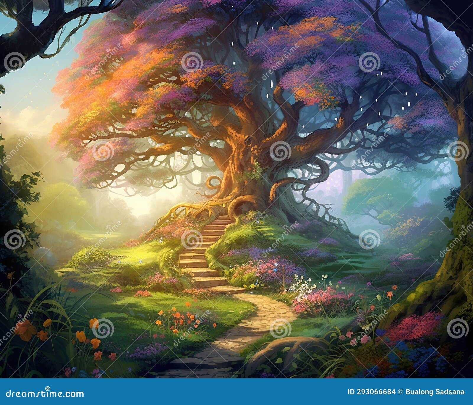 Fantasy Tree with Gardens and Path As a Digital Digital. Stock Photo ...