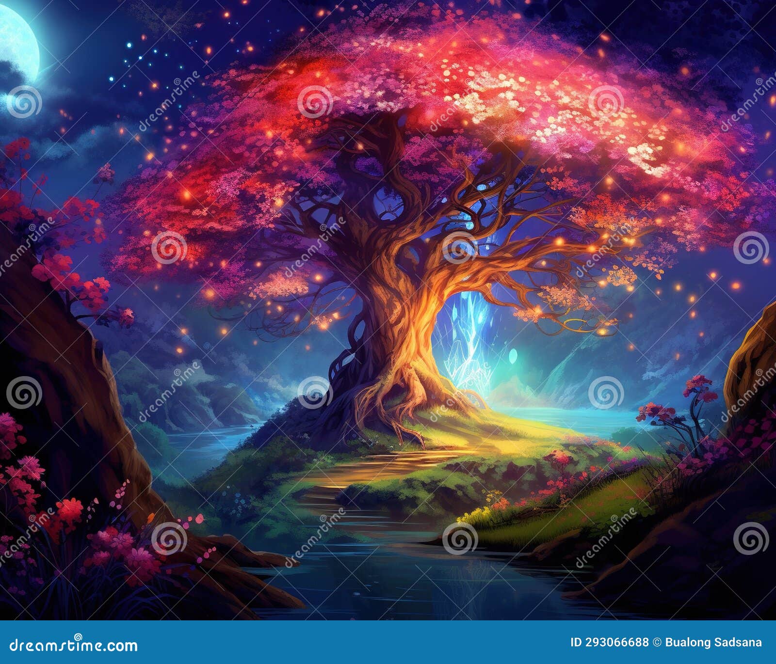 Fantasy Tree with Gardens and Path As a Digital Digital. Stock ...