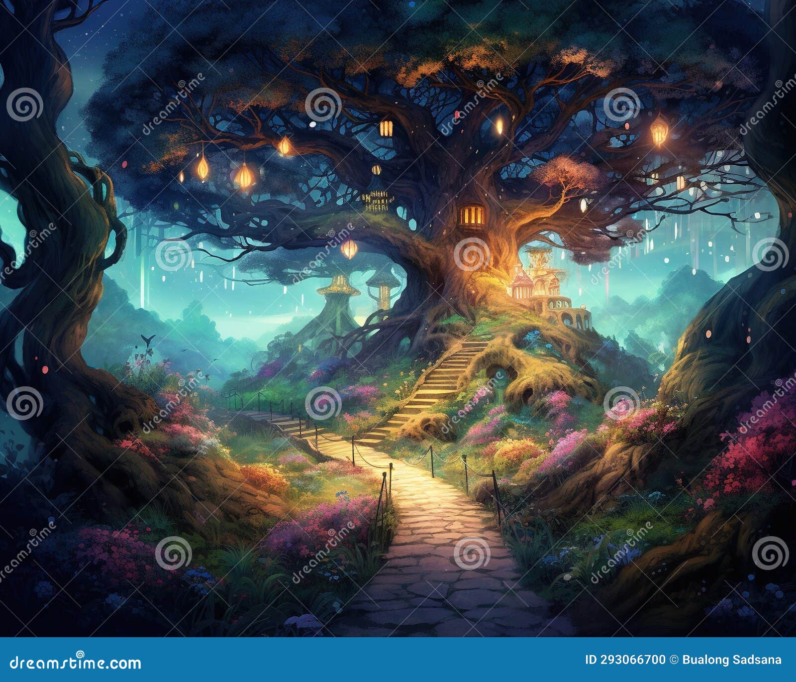Fantasy Tree with Gardens and Path As a Digital Digital. Stock ...