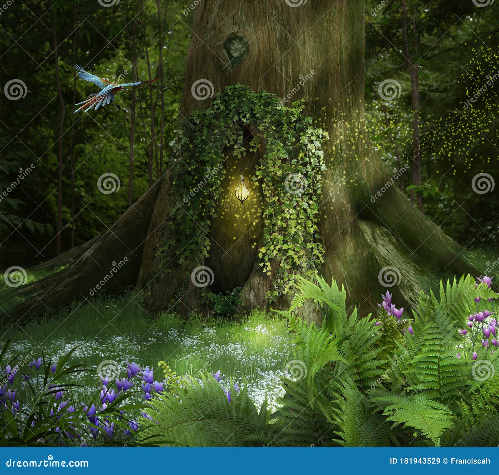 Fantasy Tree with a Hole and Lamp in a Beautiful Forest Stock ...