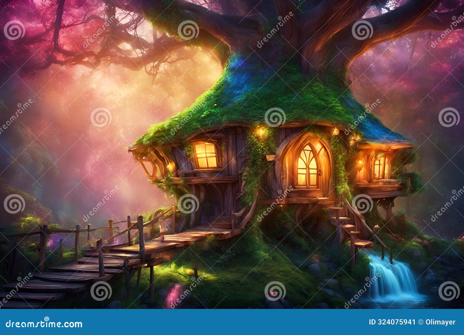 Fantasy Tree House in Deep Forest. Stock Illustration - Illustration of ...