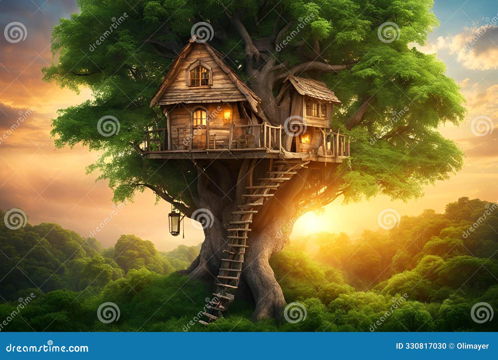Fantasy Tree House in Deep Forest. Stock Illustration - Illustration of ...