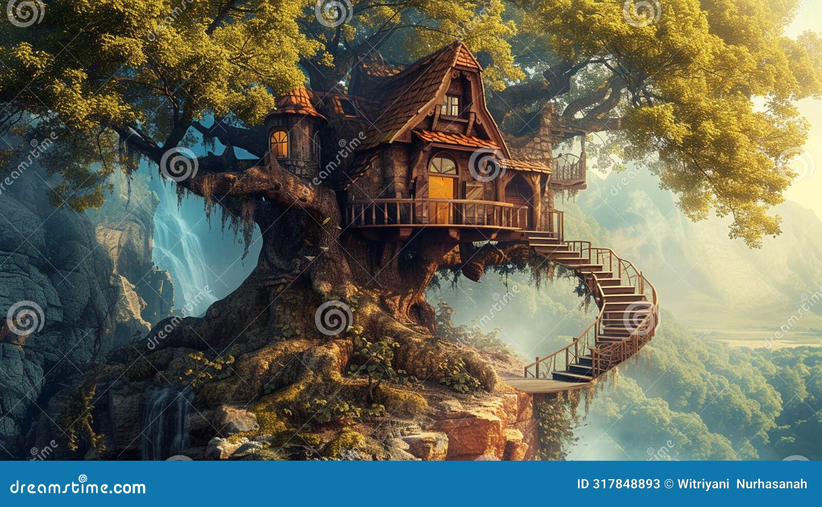 Fantasy Tree House. Fairytale Fantasy Landscape, Tree House. Generative ...