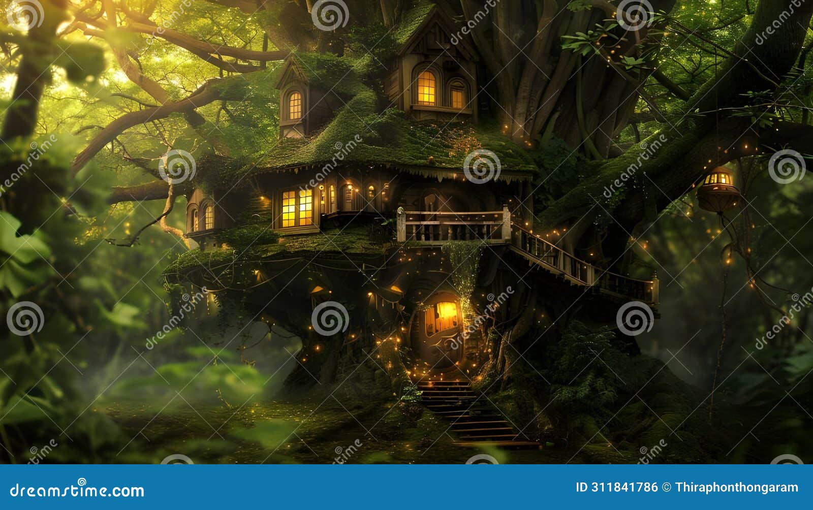 Tree house in forest stock illustration. Illustration of dark - 311841786